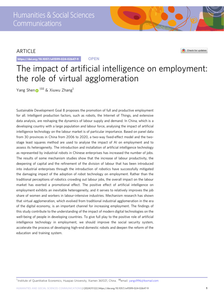 The Impact of Arti Ficial Intelligence On Employment: The Role of ...