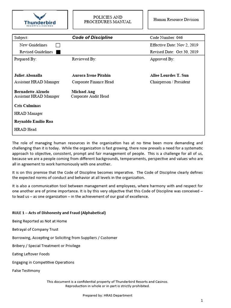 HRD 46 Code of Discipline - Rev1 | PDF | Disciplines | Employment