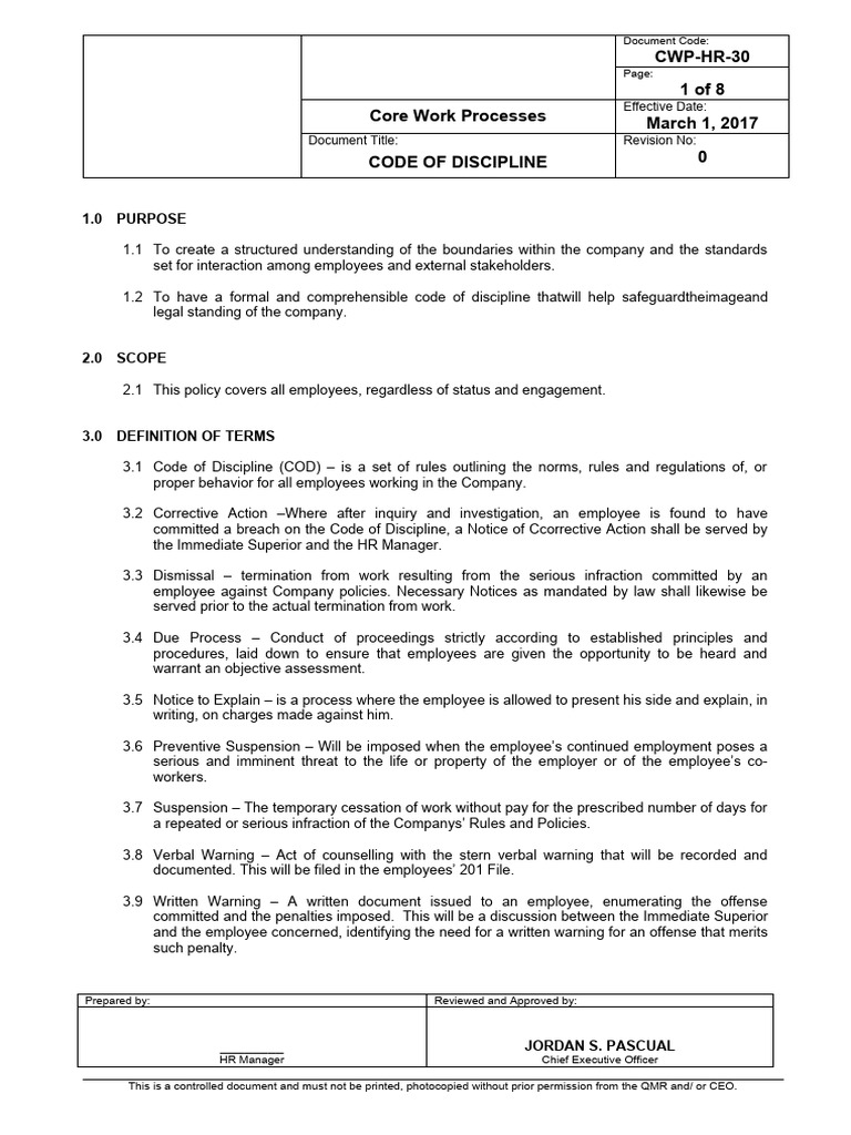 CWP-HR-30, Code of Discipline | PDF | Disciplines | Employment