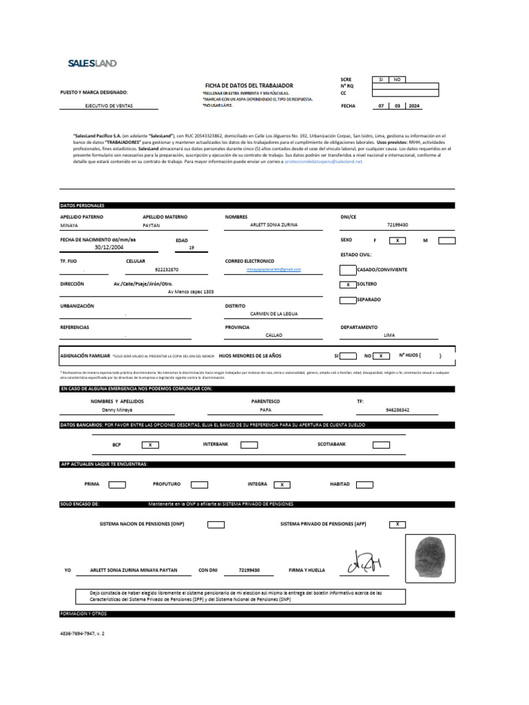 Arlett Sonia Zurina Minaya Paytan - 72199430 | PDF | Documento de identidad