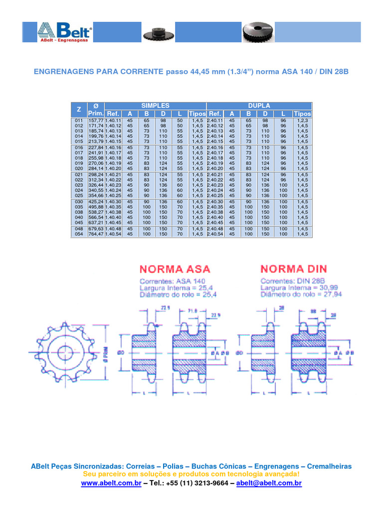 Engrenagens para Corrente Passo 44,45mm Norma ASA140 DIN28B ABelt Pecas Sincronizadas NS Metal ...