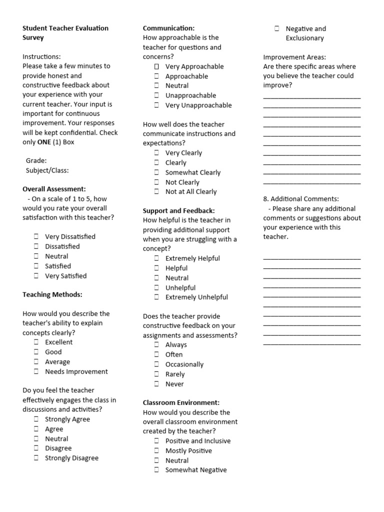 Student Teacher Evaluation Survey | PDF | Teachers | Teaching Method