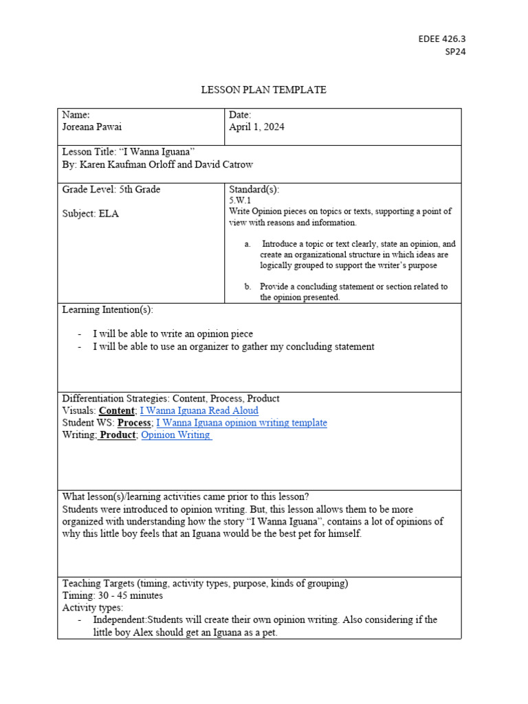 I Wanna Iguana LP 2 2024 | PDF | Lesson Plan | Teaching