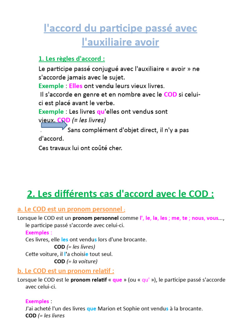 L'accord Du Participe Passé Avec L'auxiliaire Avoir | PDF | Complément ...