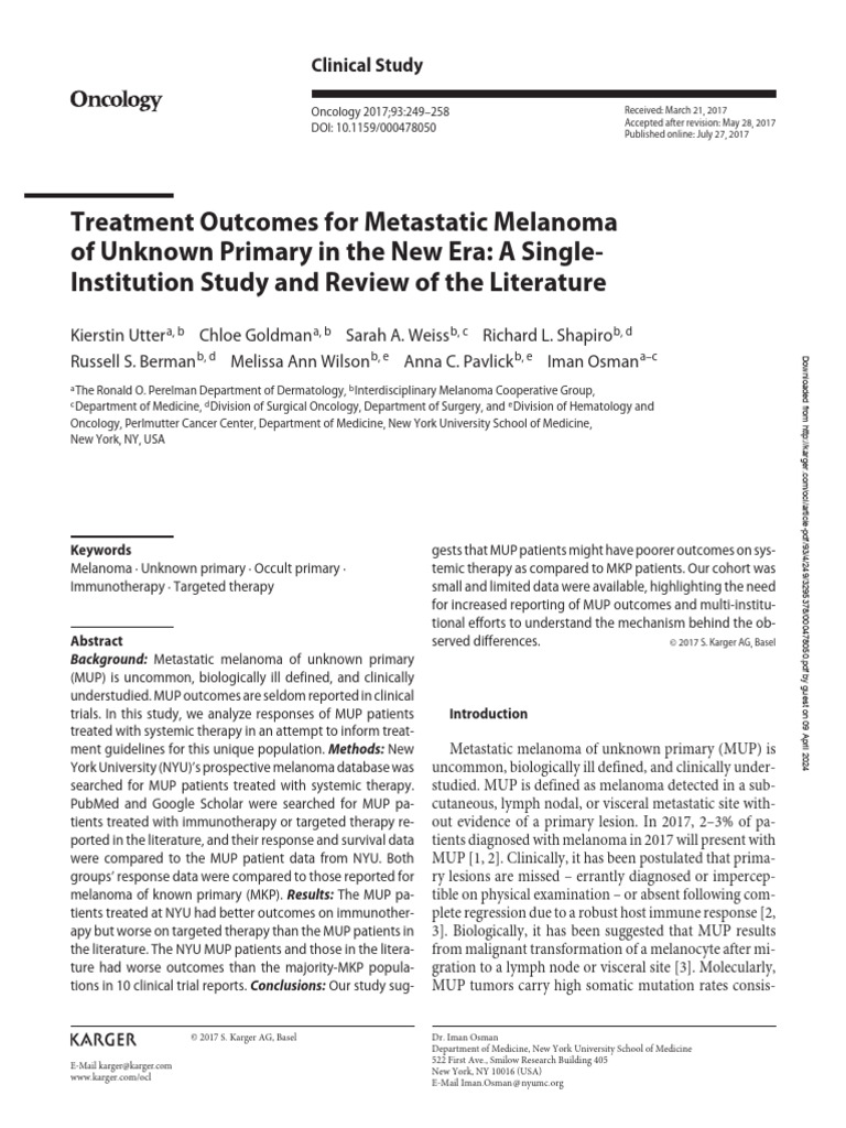 2017 Treatment Outcomes For Metastatic Melanoma of Unknown Primary in The New Era - A Single ...