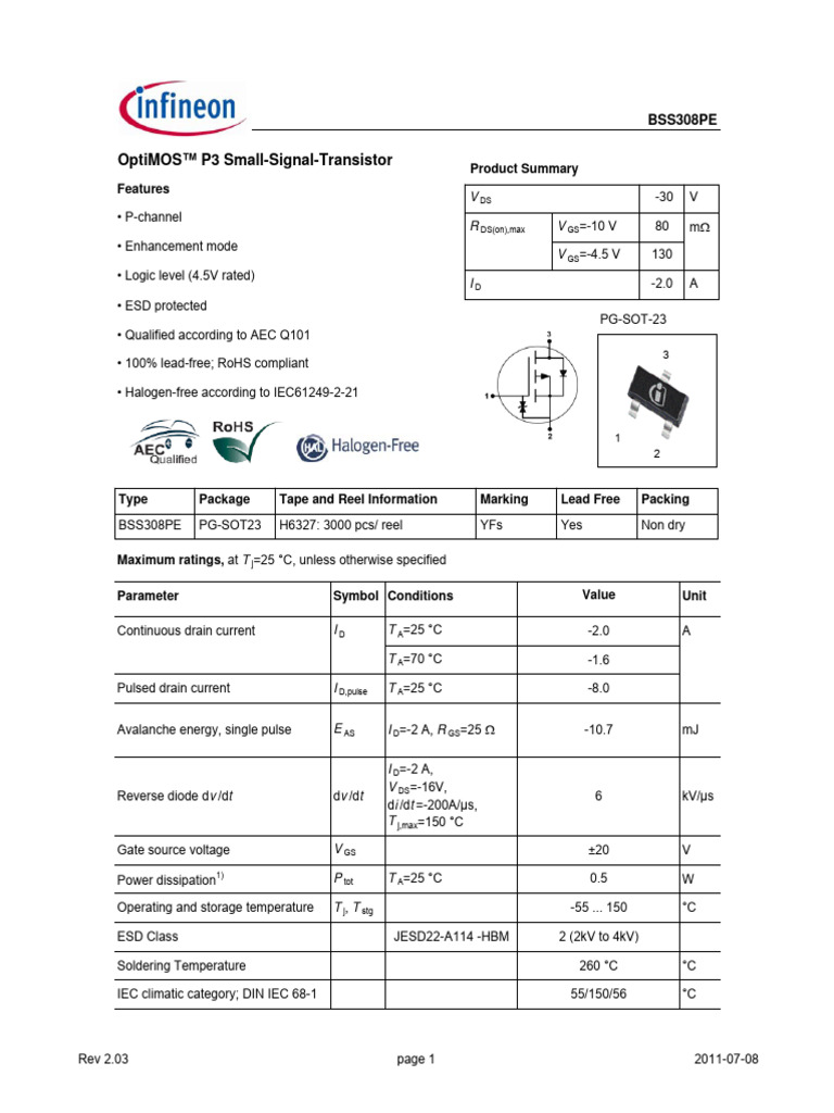 Infineon BSS308PE DS v02 - 03 en | PDF | Diode | Electrical Engineering