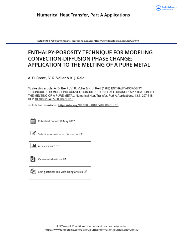 Enthalpy Porosity Technique For Modeling Convection Diffusion Phase Change Application To The ...