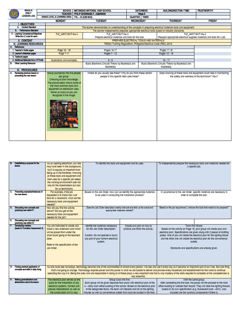Lesson_plan Grade IX_TVL | PDF | Learning | Lighting