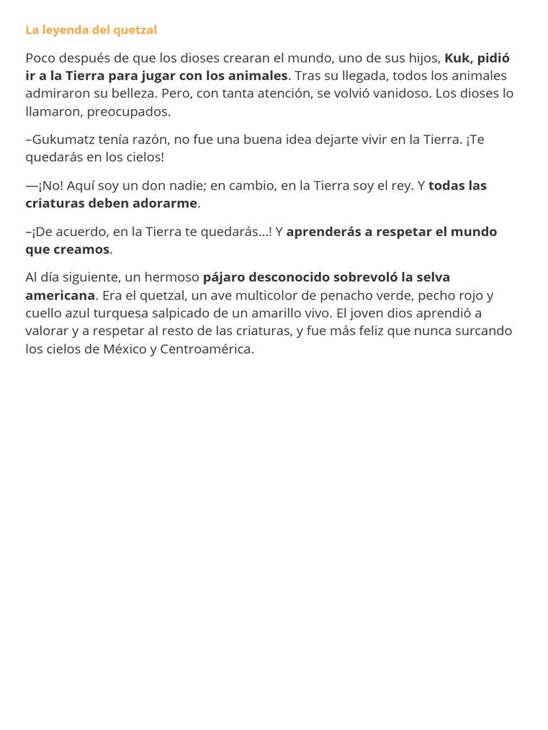 La leyenda del quetzal para niños | PDF