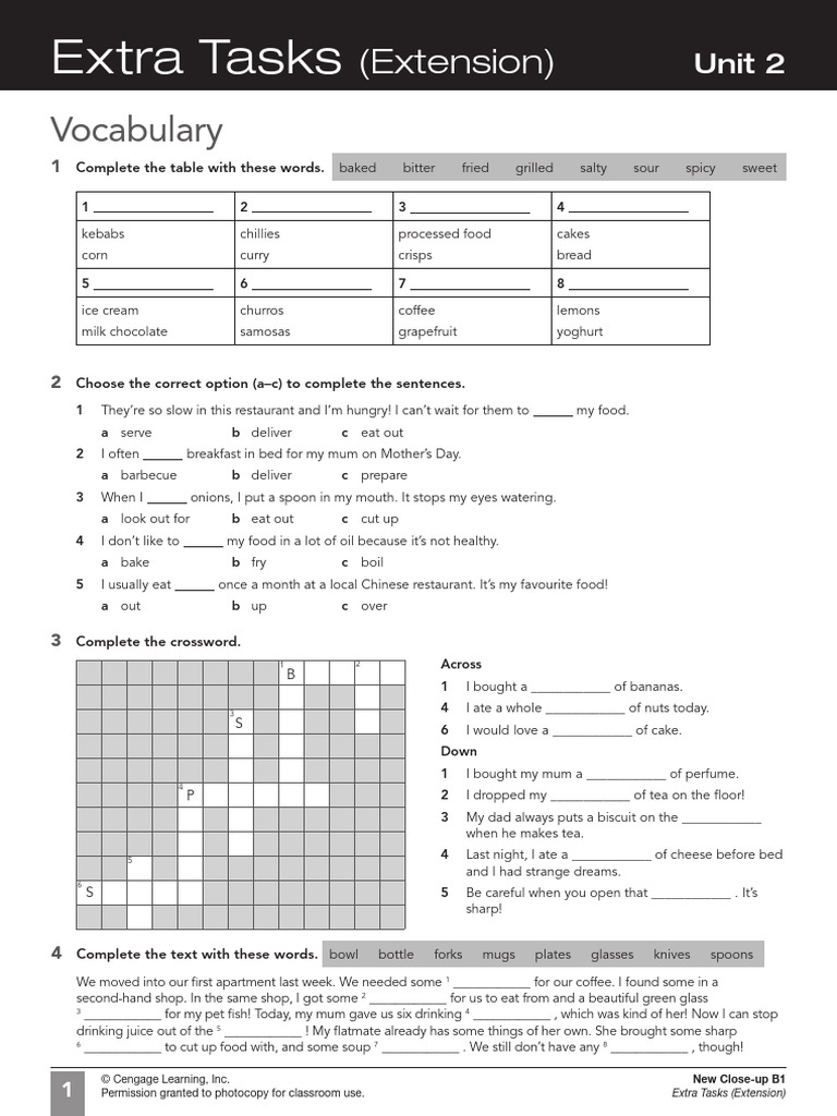 Ncu b1 Extra Tasks Extension U2 | PDF | Lunch | Food And Drink
