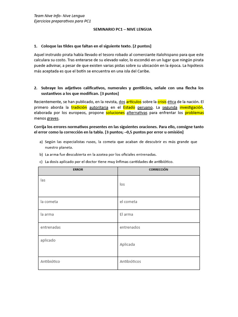 Ejercicios Seminario PC1 Corregido | PDF | Adjetivo | Adverbio