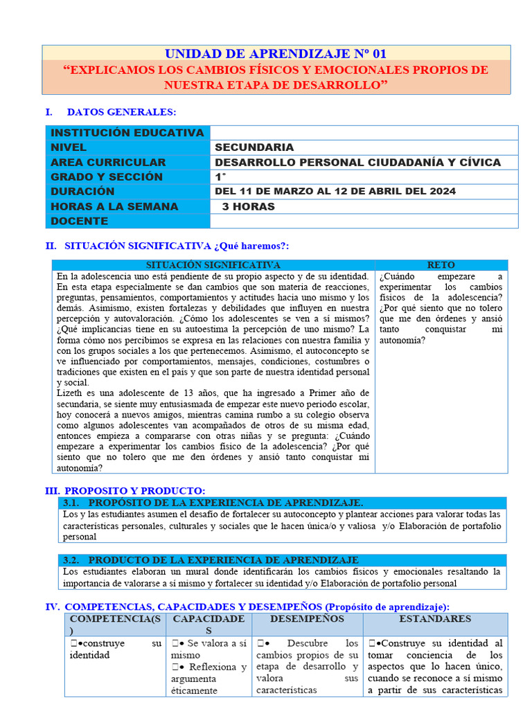 Unidad 1 DPCC 1° 2024. | PDF | Evaluación | Autoestima