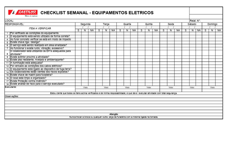 Checklist Semanal Equipamentos | PDF