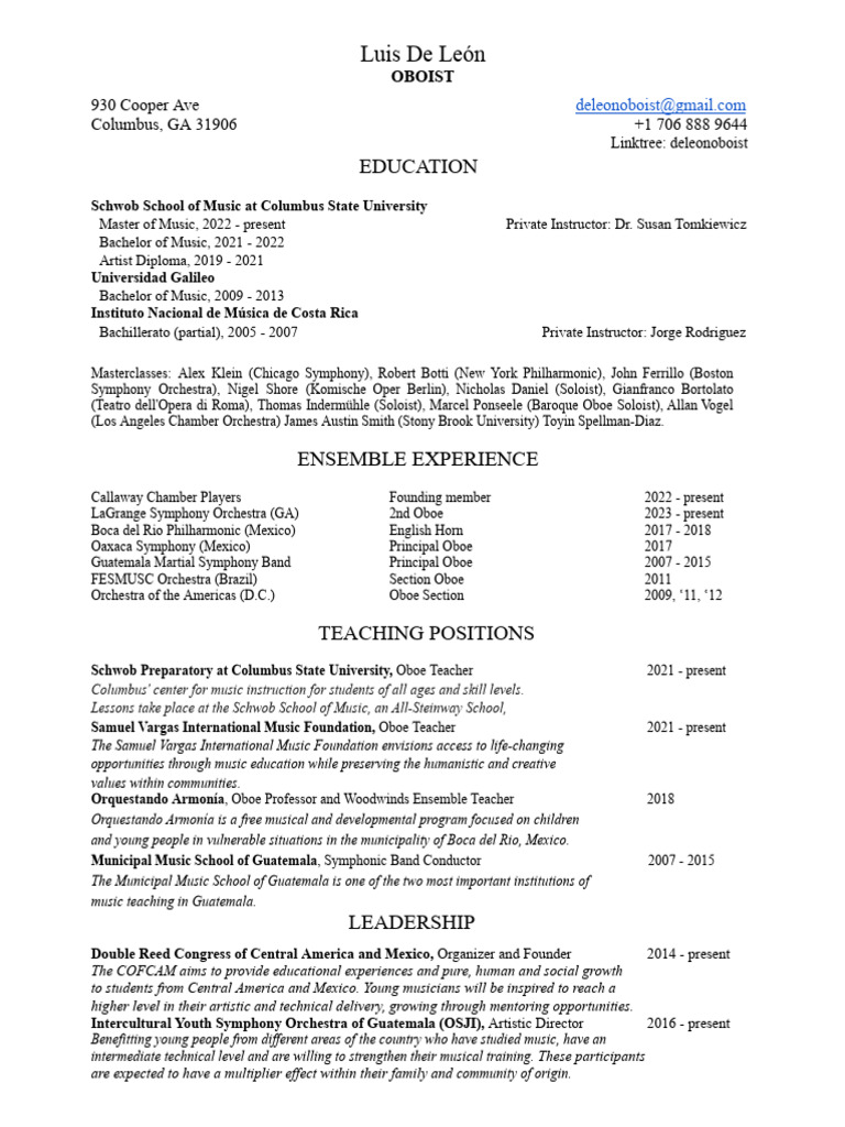 Luis De Leon Resume Templet | PDF | Orchestras | Classical Music