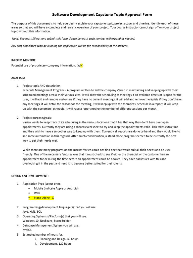 David McClane Software Development Capstone Topic Approval Form | PDF ...