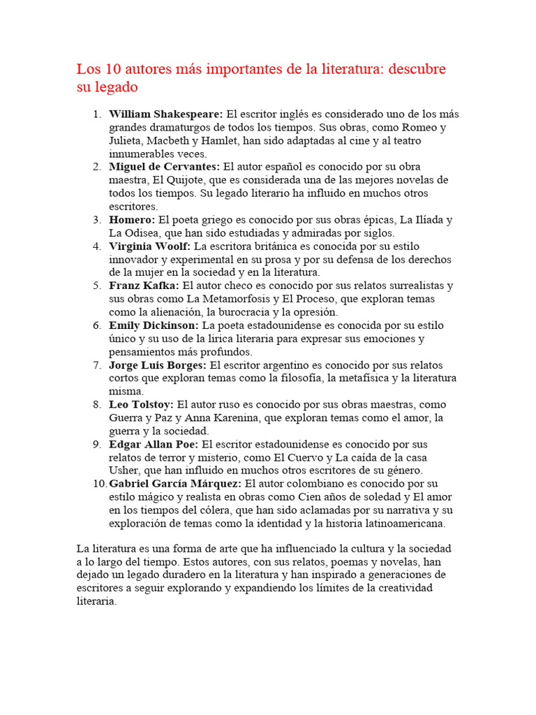 Los 10 autores más importantes de la literatura | PDF | Homero | Poesía