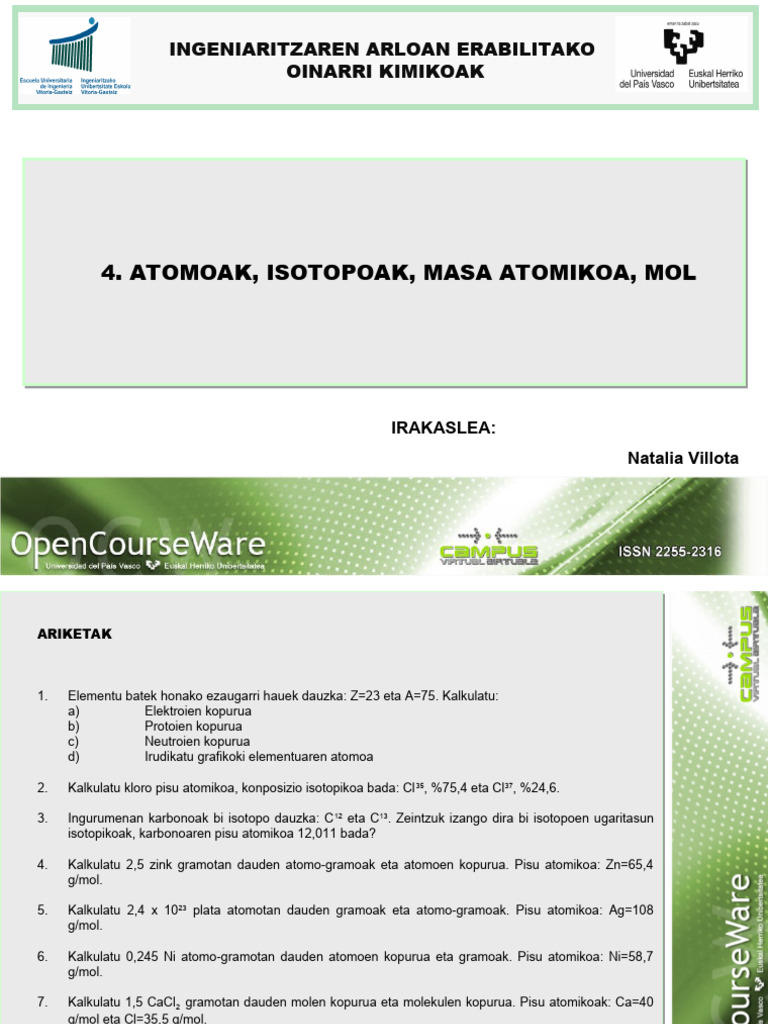 Atomoak Isotopoak Masa Atomikoa Mol | PDF