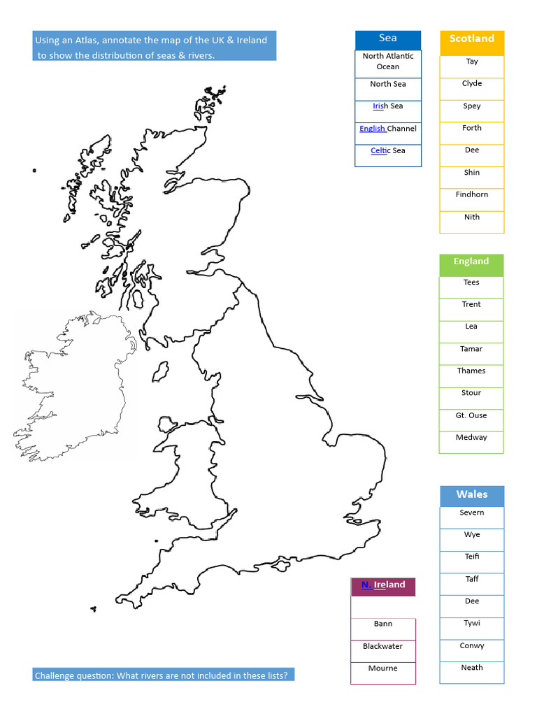 UK & Ireland Map: Rivers and Seas Annotated | PDF