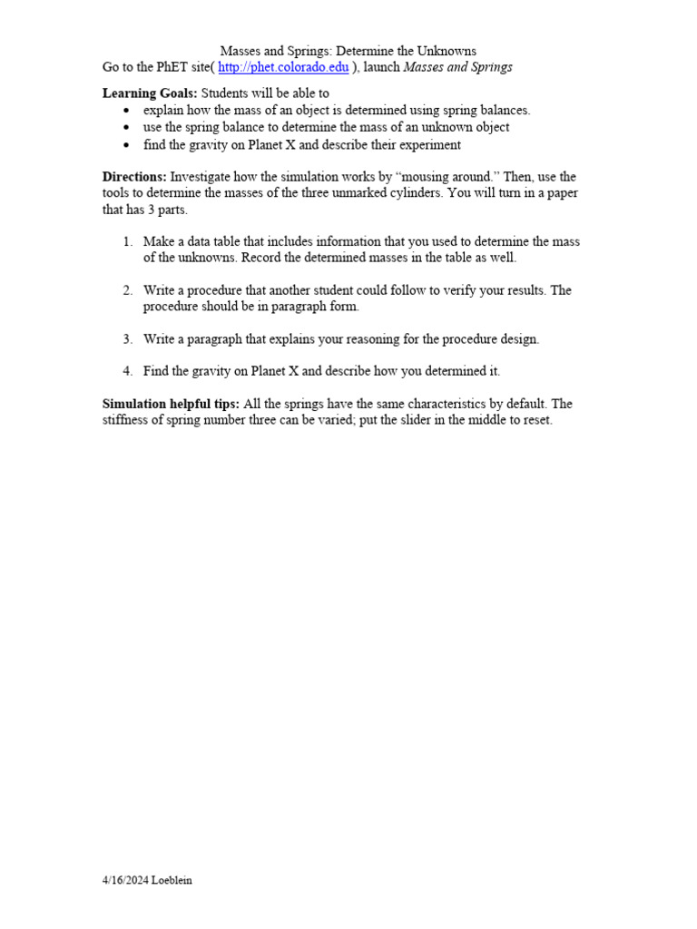 Student Directions Masses and Springs - Find Unknowns | PDF Student Directions Masses and Springs - Find Unknowns | PDF