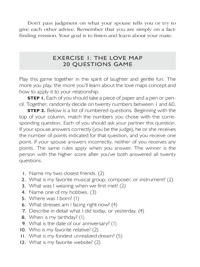 Exercise I The Love Map 20 Questions Game | PDF