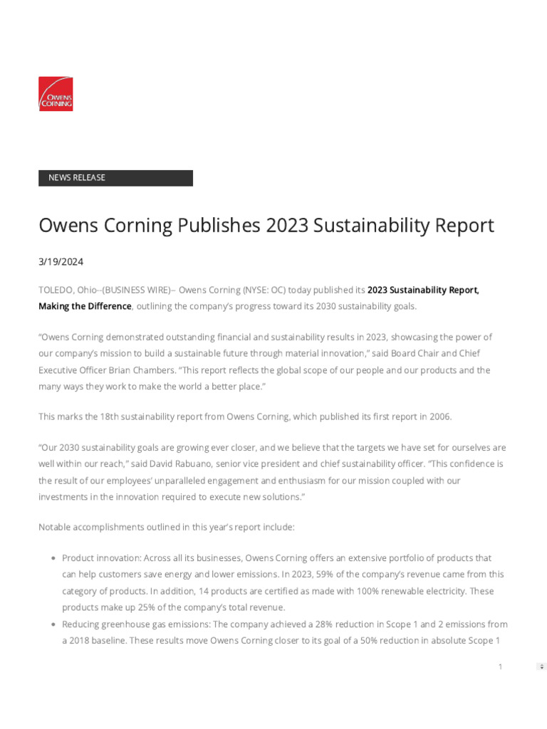 Owens Corning Publishes 2023 Sustainability Report 2024 | PDF | Sustainability | Recycling