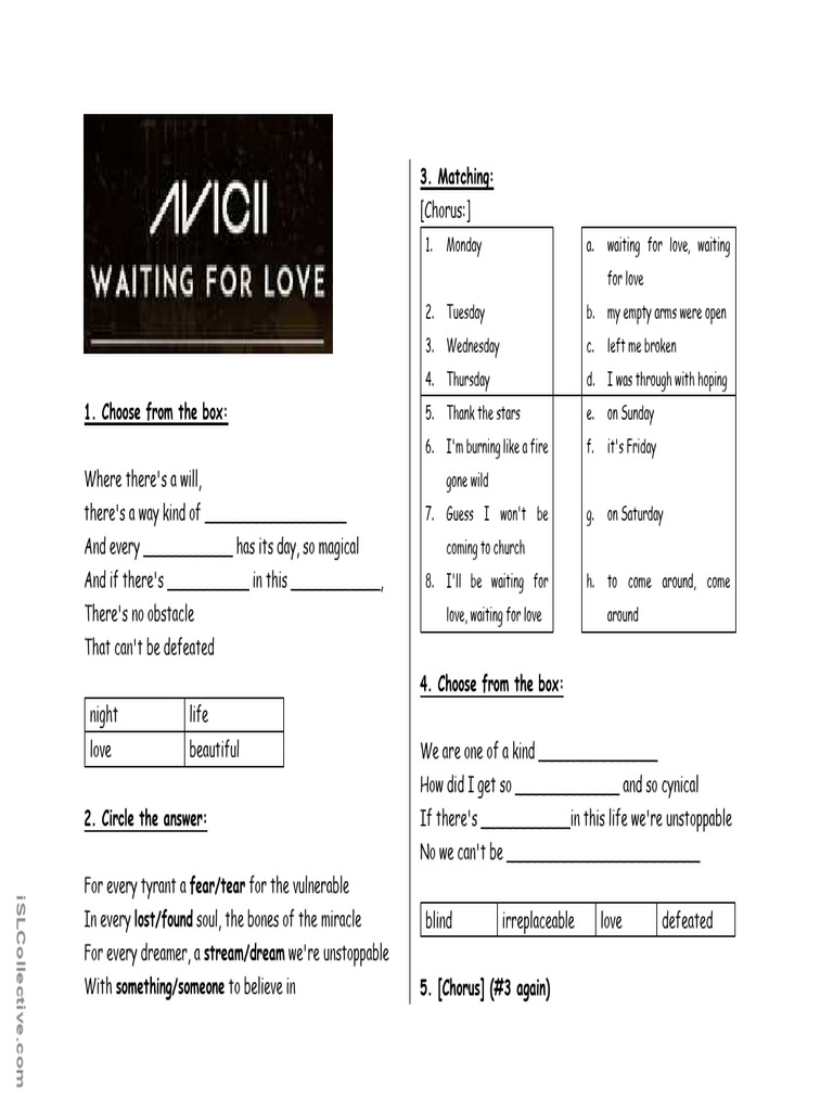 Avicii Waiting For Love Song Worksheet | PDF