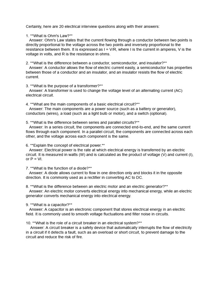 20 Essential Electrical Interview Questions | PDF | Electric Current ...