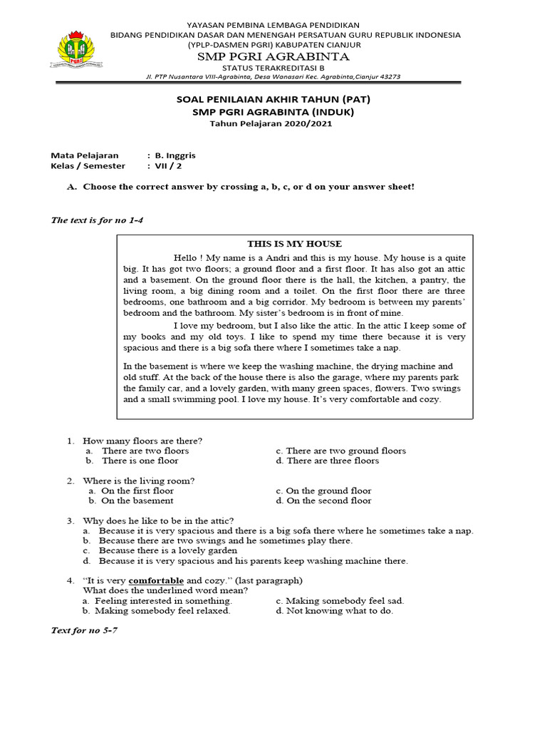 Soal Pat B. Inggris Kelas 7 (Induk) Semester 2 SMP Pgri Agrabinta 2020-2021 | PDF | Language ...