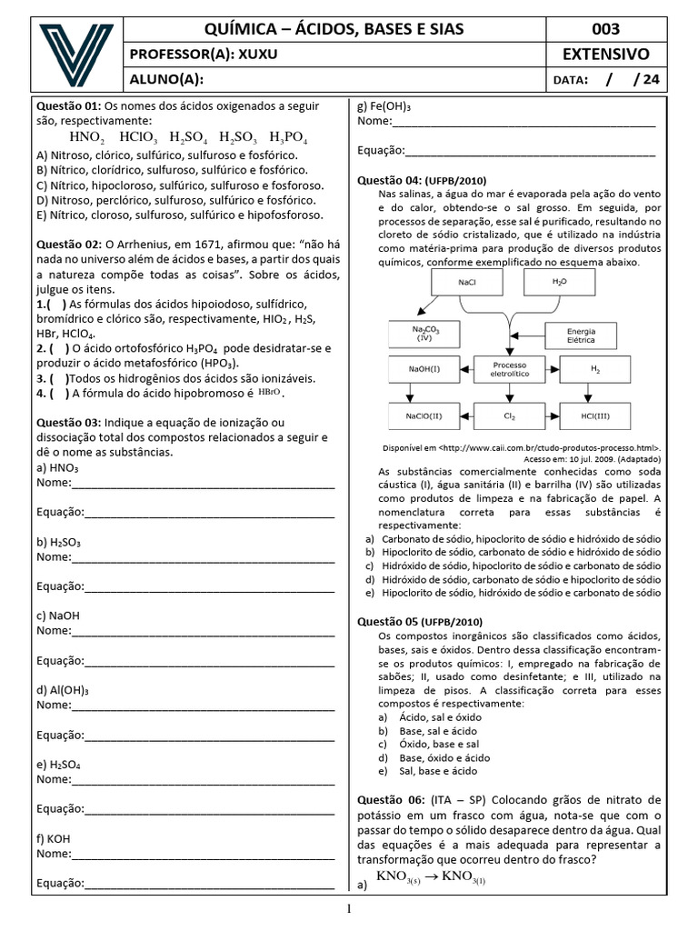 Lista 03 - Ácidos, Bases e Sais | PDF | Sal (Química) | Hidróxido de sódio
