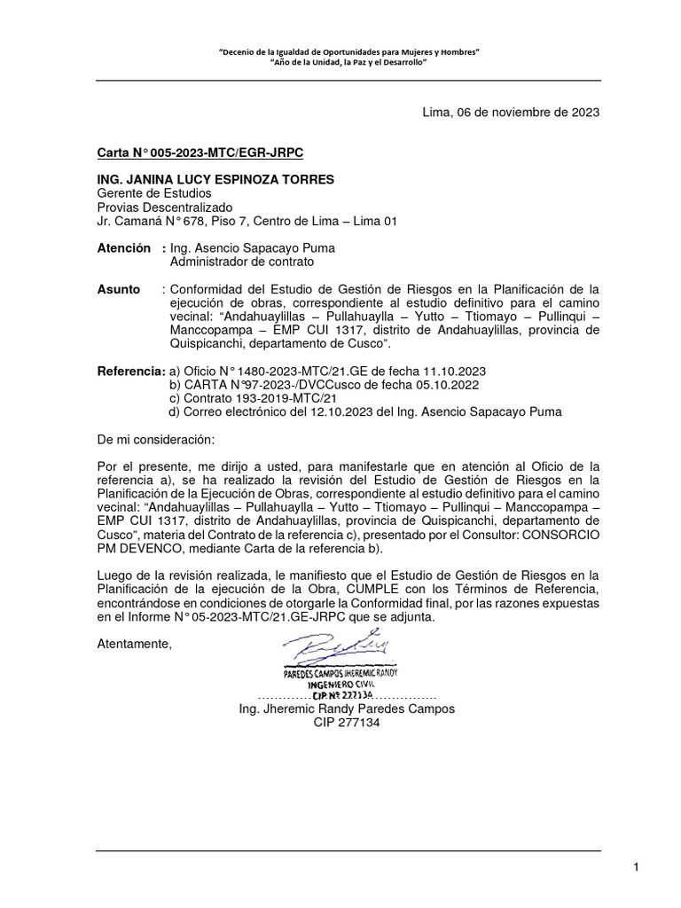 8 230905 Carta e INF 05-2023-MTC-21.GE-JRPC Gestión de Riesgos - Aprobado | PDF | Ciencia y ...