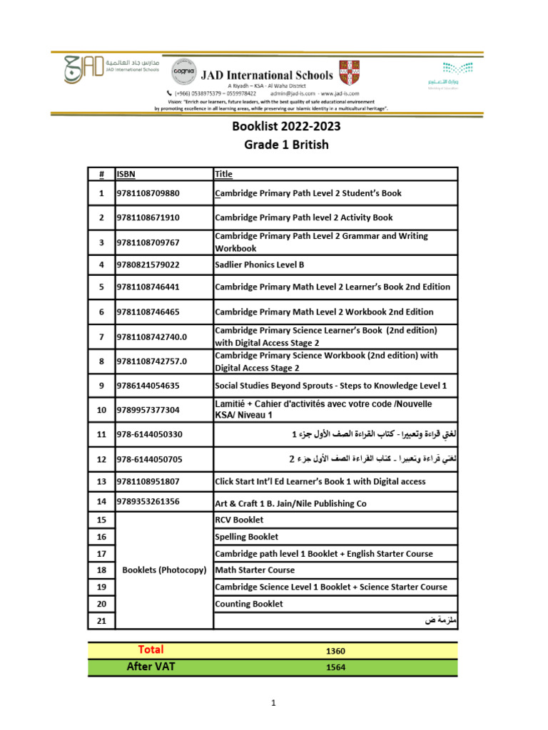 Booklist 2022-2023 Grade 1 British: After VAT | PDF