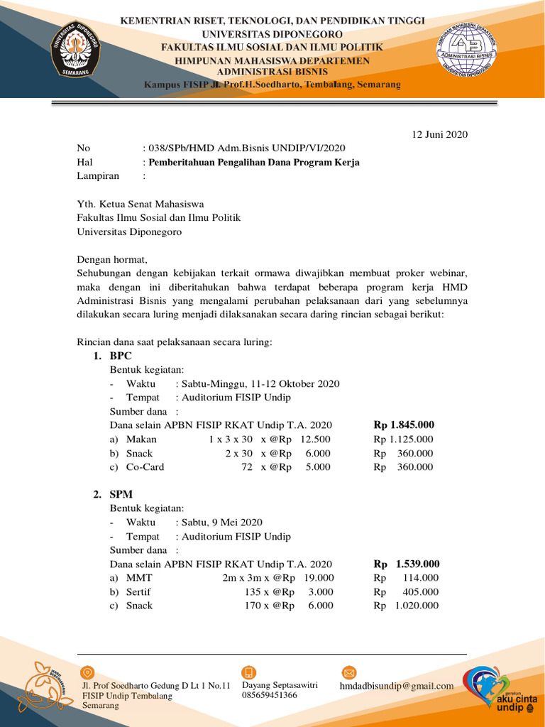 Surat Pengalihan Dana Proker | PDF | Bisnis
