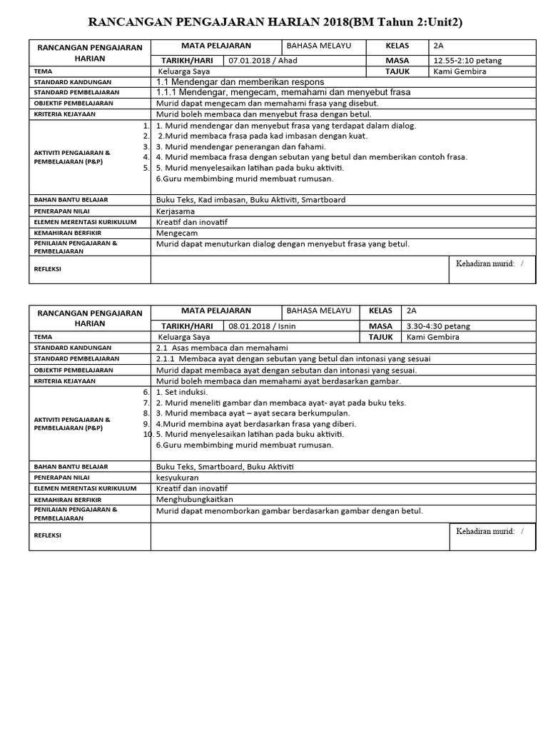 RPH BM Tahun 2 (Unit 2) | PDF