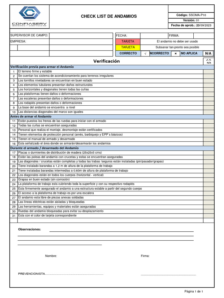 Check List de Inspección de Andamios | PDF | Andamio