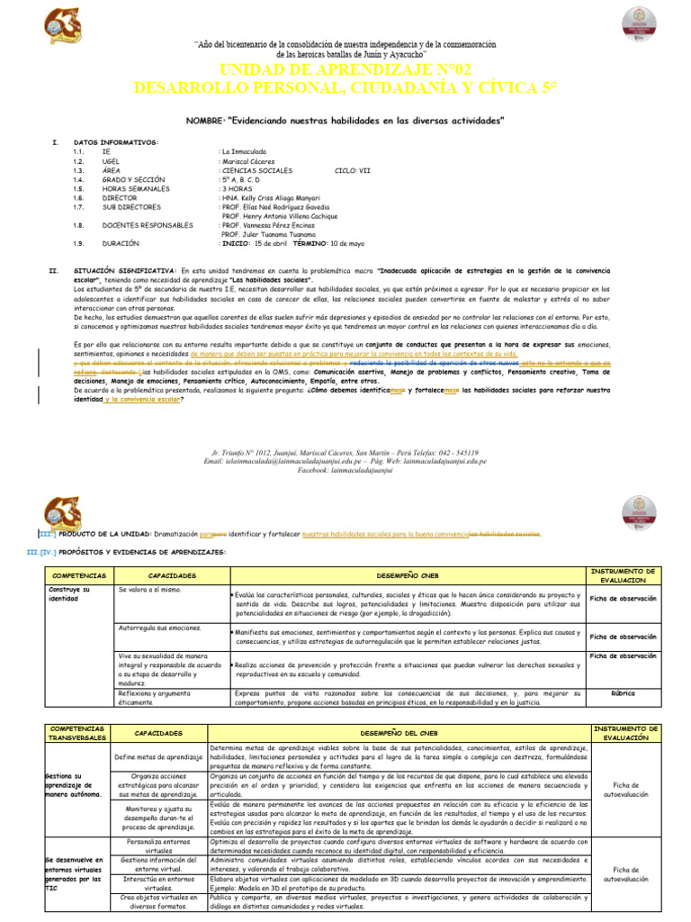 5º DPCC Unidad de Aprendizaje 02 | PDF | Aprendizaje | Evaluación
