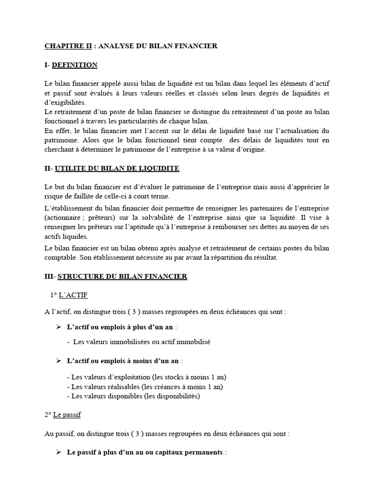 Analyse du Bilan Financier et Liquidité | PDF | Bilan comptable ...