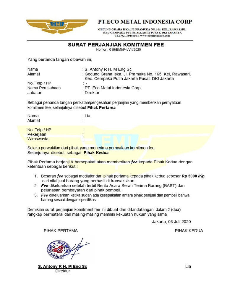 SURAT PERJANJIAN KOMITMEN FEE EMI - Bu Lia | PDF