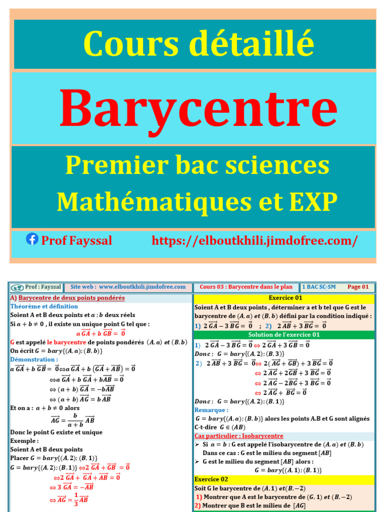 Cours sur le barycentre en 1ère BAC | PDF | Mathématiques | Géométrie