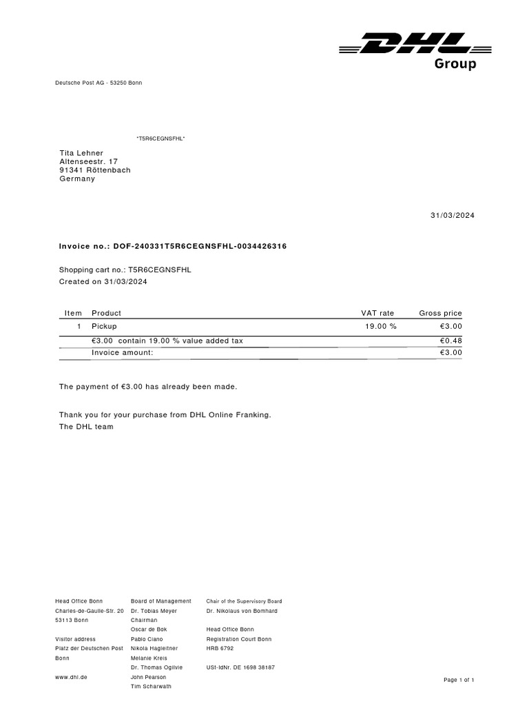 Deutsche Post Invoice DOF-240331T5R6CEGNSFHL | PDF