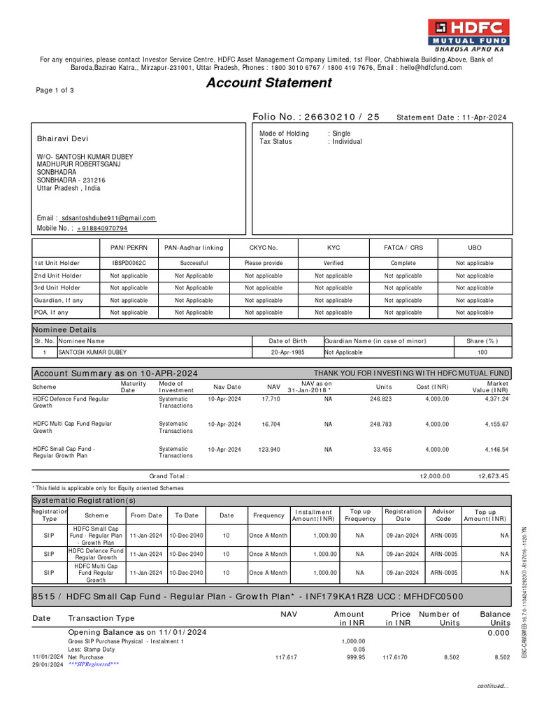 Account Statement: Folio No.: 26630210 / 25 | PDF | Banks | Exchange ...
