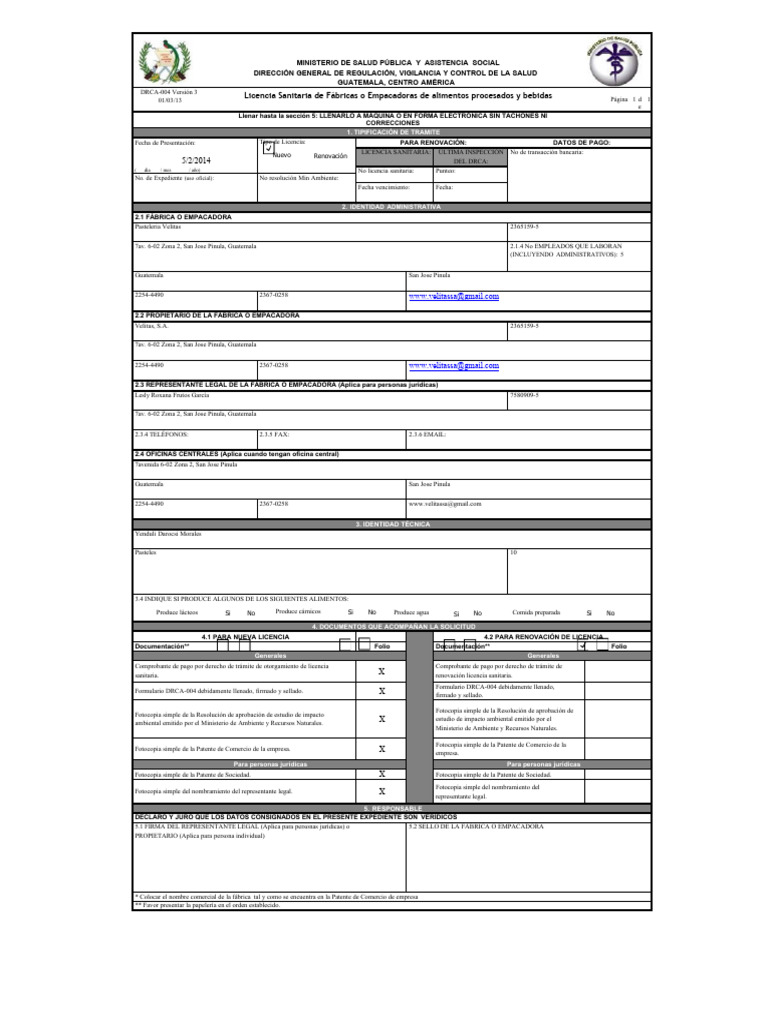 Formulario de Licencia Sanitaria Ministerio de Salud DRCA 004 | PDF | Patentar | Guatemala