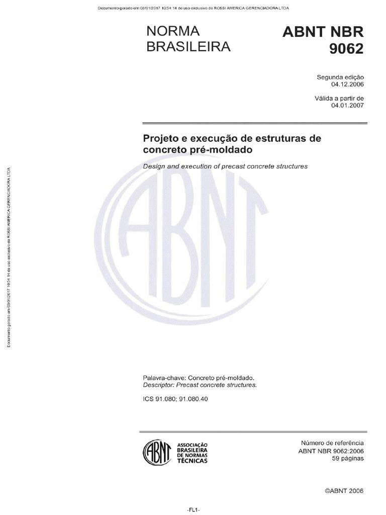 NBR 9062 - Projeto e Execução de Estruturas de Concreto Pré-Moldado | PDF