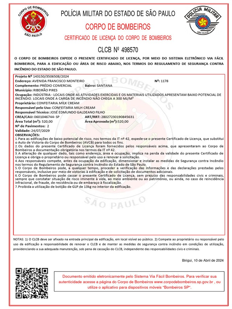 Documento Alvara de Bombeiros Confeitaria | PDF