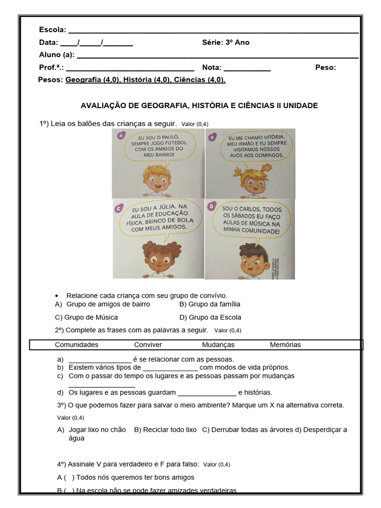 Avaliação de Geografia, História e Ciências | PDF