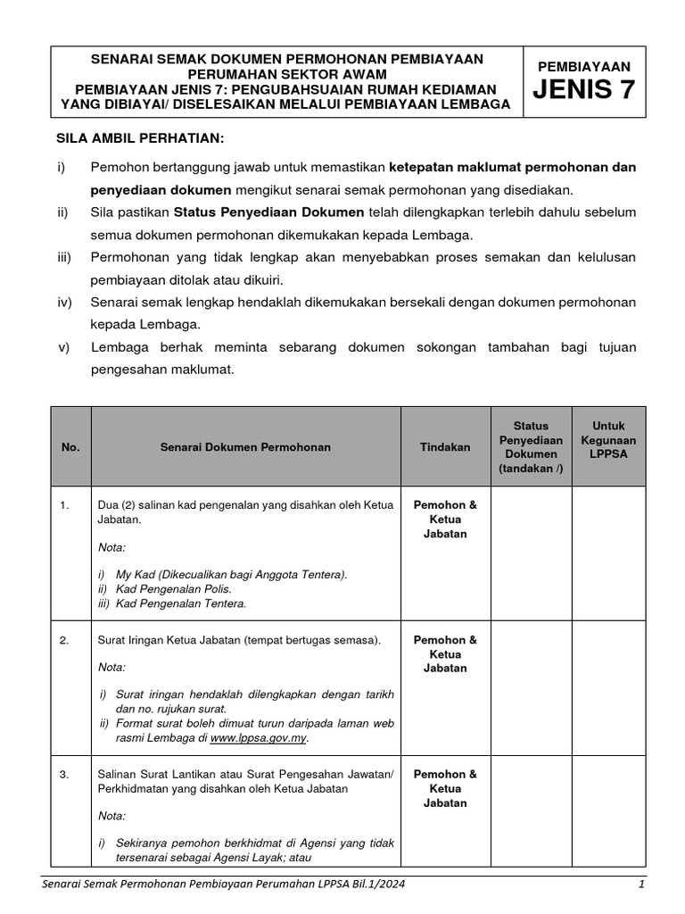 Jenis-7-Senarai-semak-Permohonan-Pembiayaan-LPPSA-Bil.1-2024 | PDF