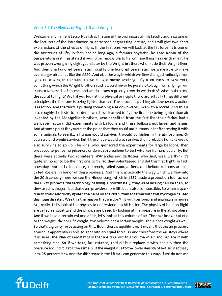 SA01x 2021 Week 2 1 The Physics of Flight Lift and Weight-Transcript | PDF | Lift (Force) | Pressure