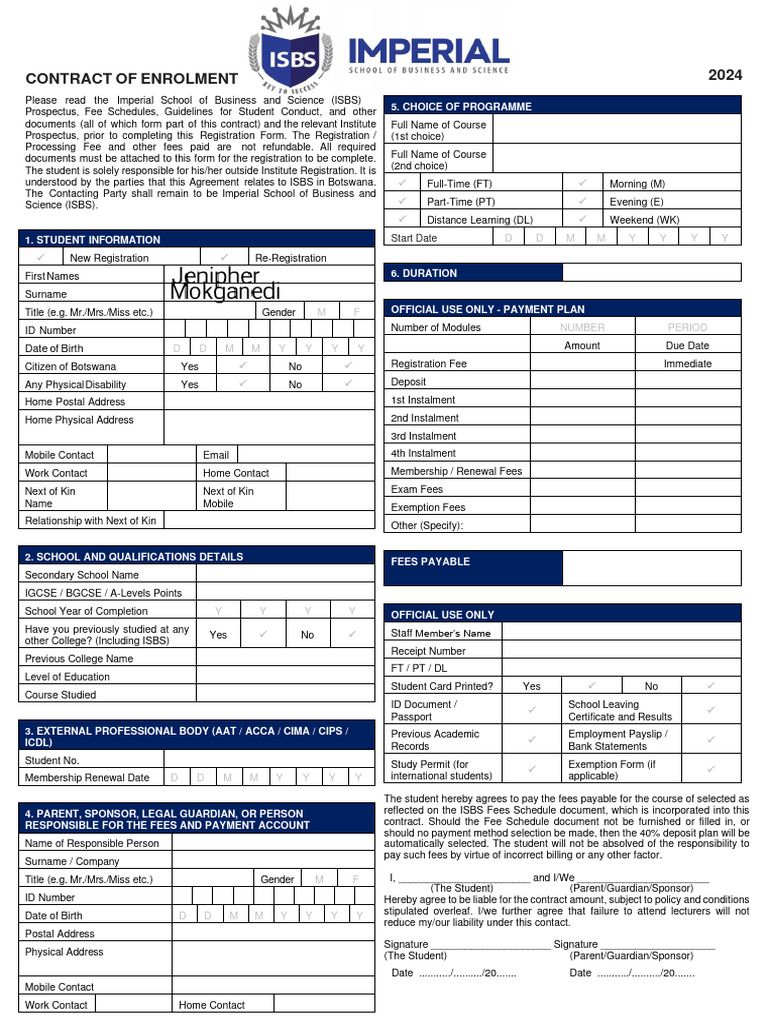 ISBS Contract Enrolment Form 2024 | PDF | Fee | Legal Liability