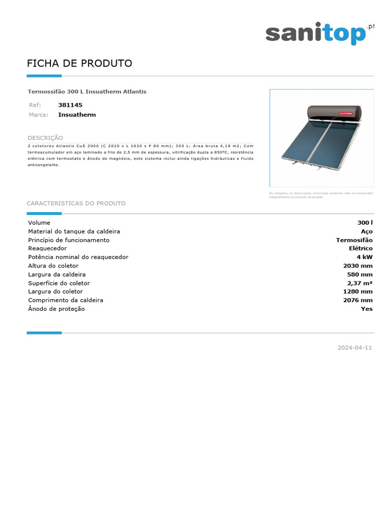 Termossifão 300L Insuatherm Atlantis 381145 | PDF | Materiais