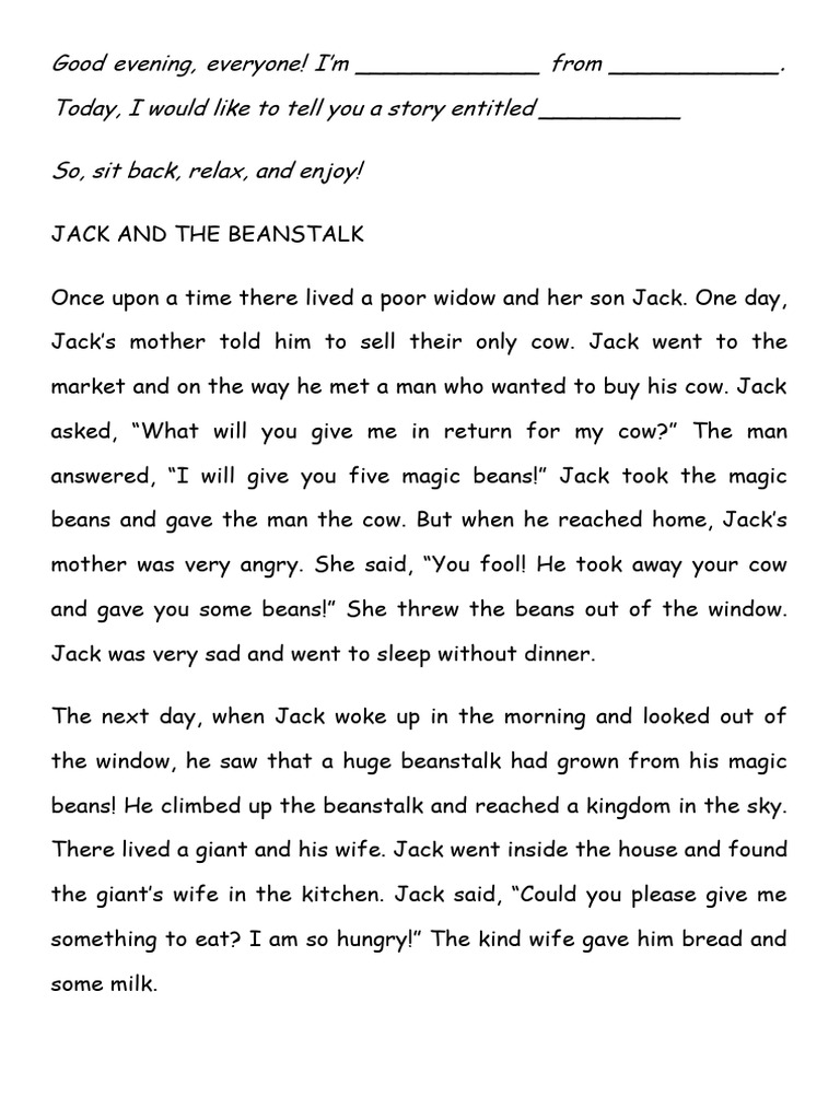 Storytelling Jack and The Beanstalk | PDF | Jack And The Beanstalk ...