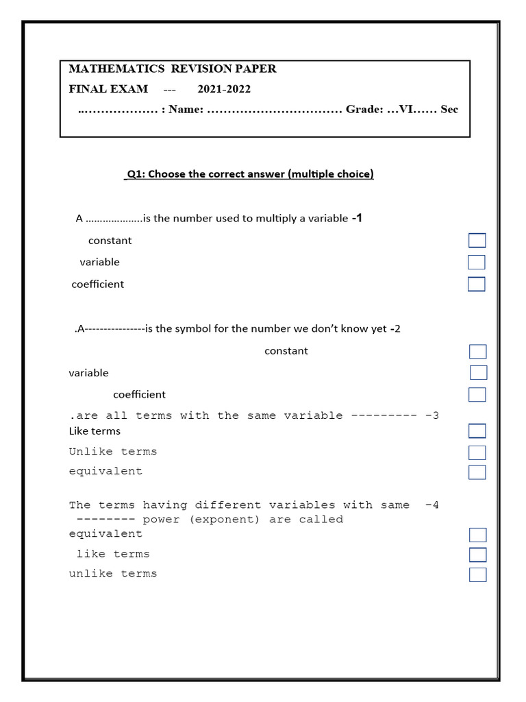 G6 Revision Paper For The Final Exam 2022 | PDF | Area | Mathematics